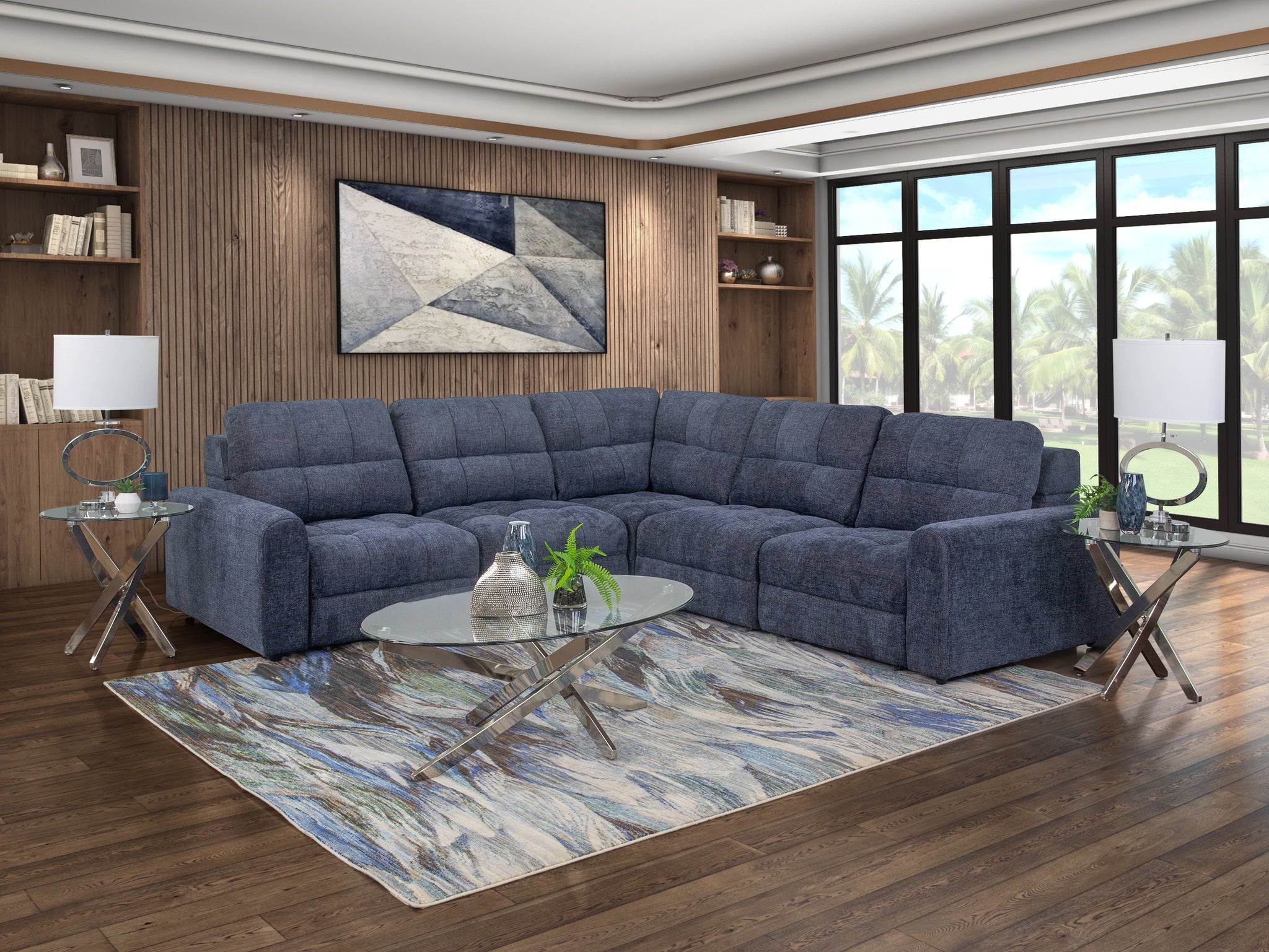 Slide Blue 5 Piece Sliding Sectional w/Left Arm Facing and Right Arm F ...