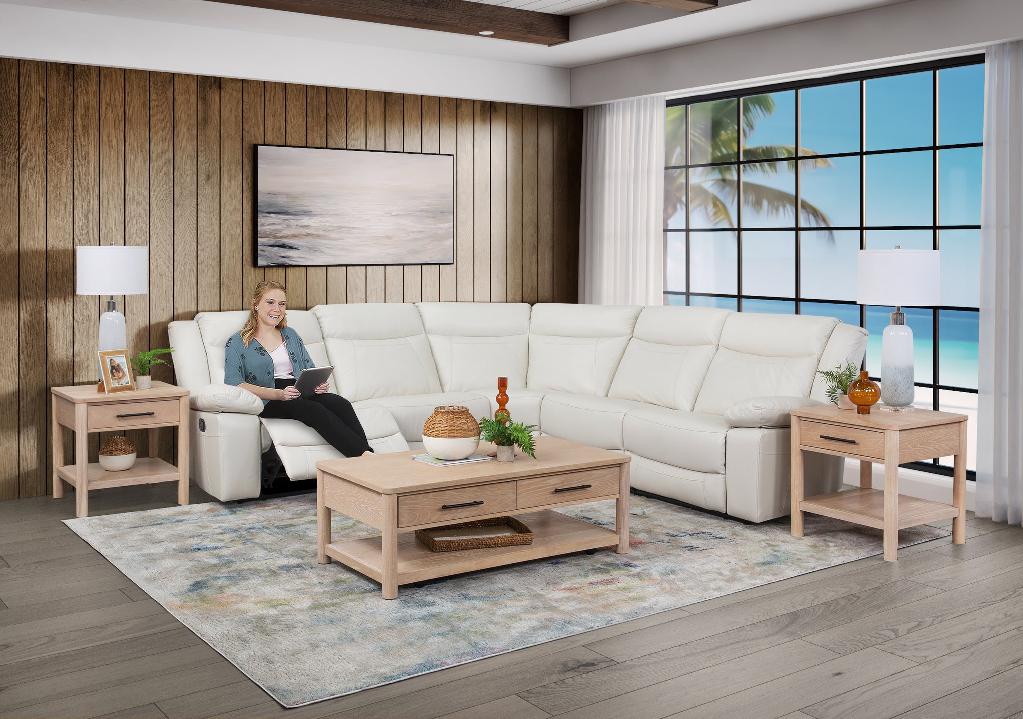 Dallas Ivory 5 Piece Leather Dual Power Reclining Sectional – Kane's ...