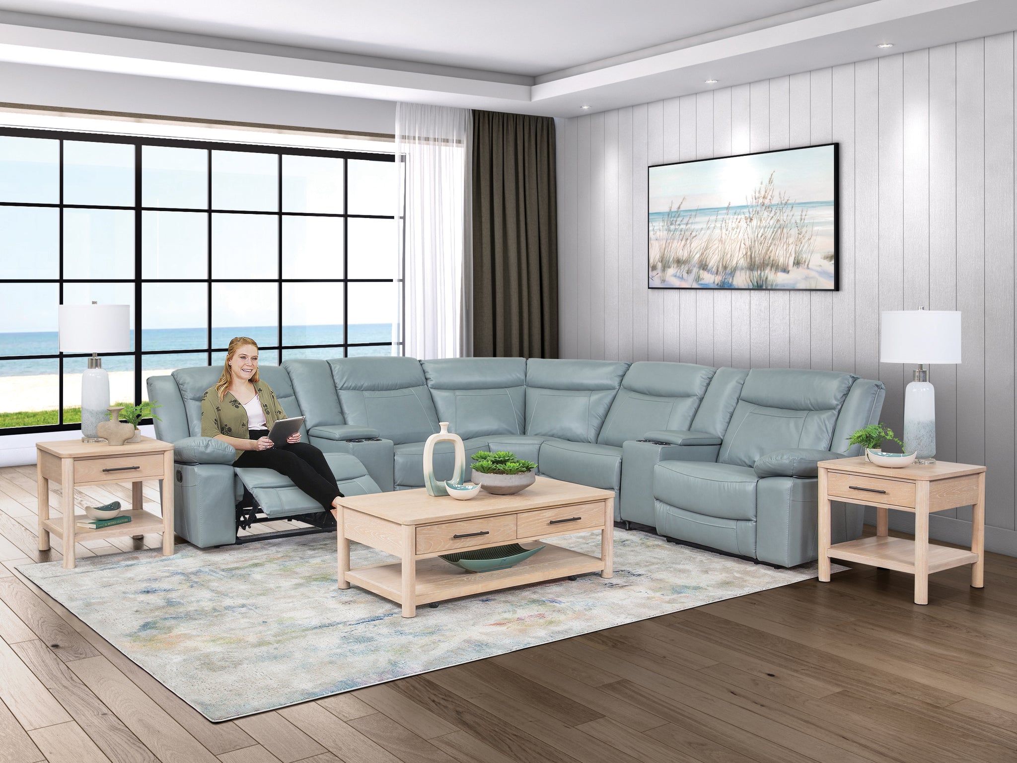 Dallas Teal 7 Piece Leather Dual Reclining Sectional – Kane's Furniture