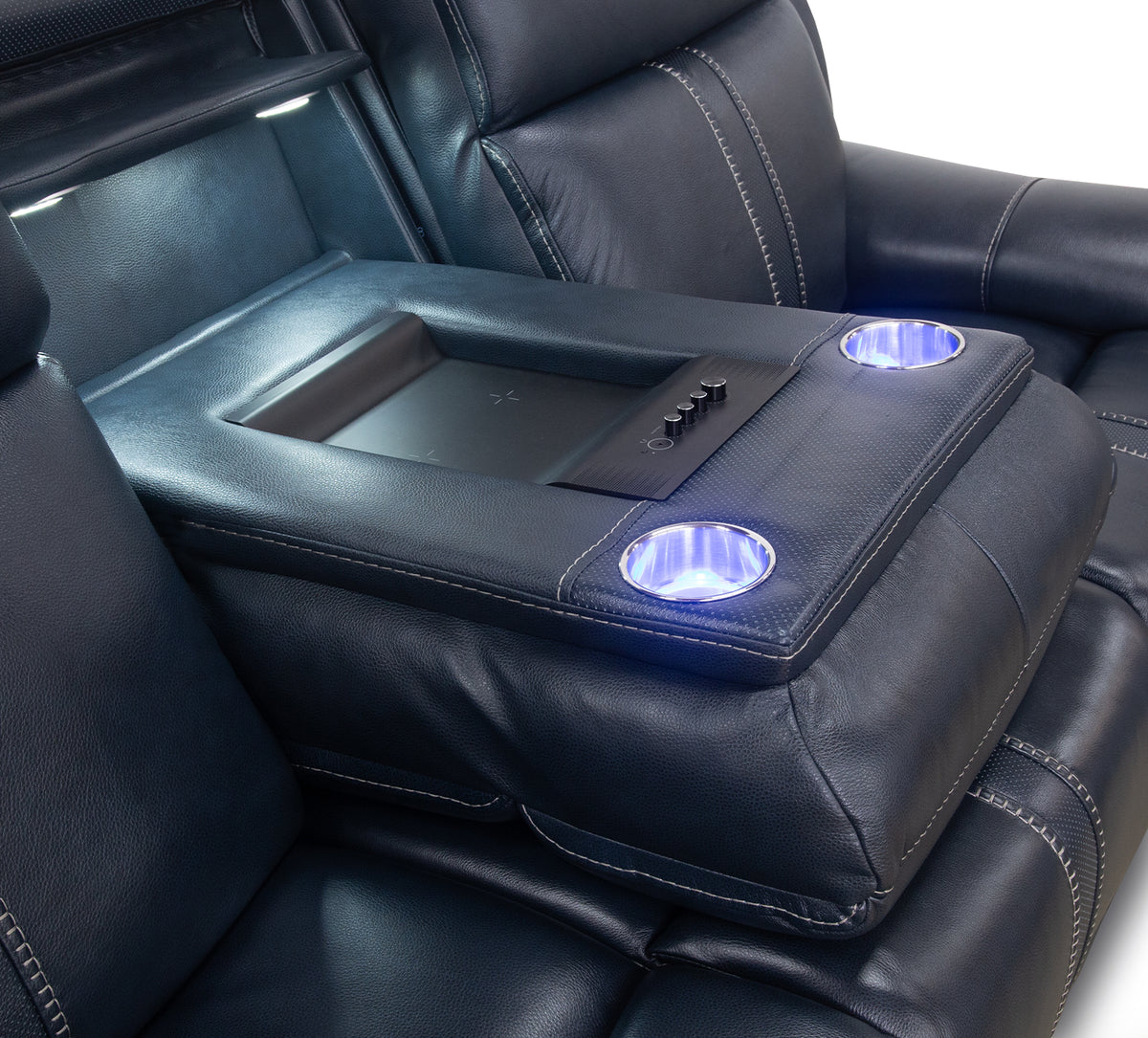 Sonic Navy Leather Triple Power Sofa with Drop Down Table – Kane's ...